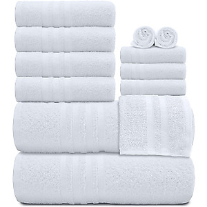 Wealuxe 12 Piece Bath Towel Set for Bathroom - 2 Bath Towels, 4 Hand Towels, 6 Washcloths 100% Cotton Soft and Plush Highly Absorbent, Soft Towel for Hotel & Spa - White