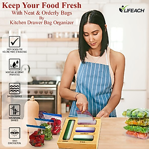 Bamboo ziplock bag storage organizer for kitchen drawer, plastic bag holder, kitchen drawer organizer, drawer oganizer, compatible with veriety of bags as snack, sandwich, gallon,quart size bags