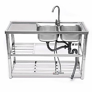 Commercial Restaurant Sink - Stainless Steel Utility Sink Free-standing Kitchen Sink Set Double Bowl Kitchen Sinks Commercial Pull Faucet Kitchen Sink & Faucet Combo with Strainer, 47Inch Rectangular