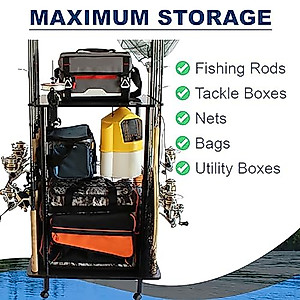 Rush Creek Creations, Fishing Rod Holder for 12-Rods, Fishing Pole Holder for Garage, for Fishing Gear, Pole, Rod, Tackle Box, Holistic Fishing Rod Storage, 12 Freshwater Rod Clips, Big Wheels, Black
