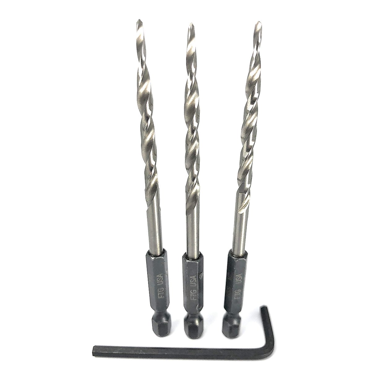 FTG USA Wood Countersink Drill Bit Set Sizes 6 8 10 12 Countersink Tapered Drill Bits, 2 Wood Plug Cutter 3/8" & 1/2" with 3 Replacement Bits #8 (11/64"), 2 Stop Collars, 1 Allen Wrench, Hex Shank