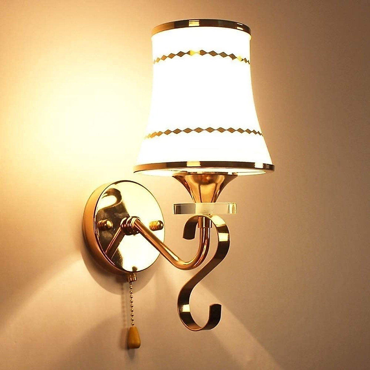 BytheM Wall Lamp White Glass Shade Wall Light Fixtures Golden Finish Retro Indus Candle Crystal Wall Sconce with Pull Cord On/Off Switch Wall Mount Lighting Fixture