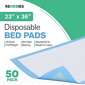 Remedies - Disposable Bed Pads 23" x 36" - 50 Count - Large Bed Pads for Incontinence - Seniors, Adults & Kids Chucks Pads - Adult Absorbent Incontinence Disposable Underpads for Beds & Furniture