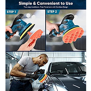 TDT Cordless Car Buffer Polisher with Rechargeable 2pcs 12V Lithium Battery, 6 Variable Speed, Wireless Buffer Polisher Kit for Car Detailing Brushless Polisher with 2 Battery for Waxing