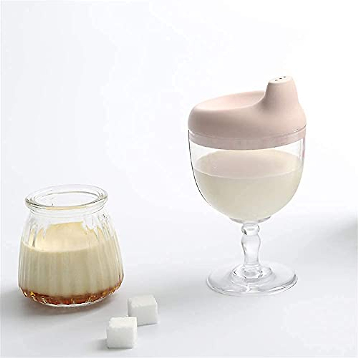 kaiwern Plastic Goblet Cup, Baby Sippy Cup Wine Glass, Beverage Mug Milk Bottle with Lid for Kids on Birthday Party or Celebration (Pink)