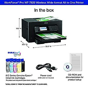 Epson WorkForce Pro WF-7820 Wireless All-in-One Wide-format Printer with Auto 2-sided Print up to 13" x 19", Copy, Scan and Fax, 50-page ADF, 250-sheet Paper Capacity, 4.3" screen, Works with Alexa