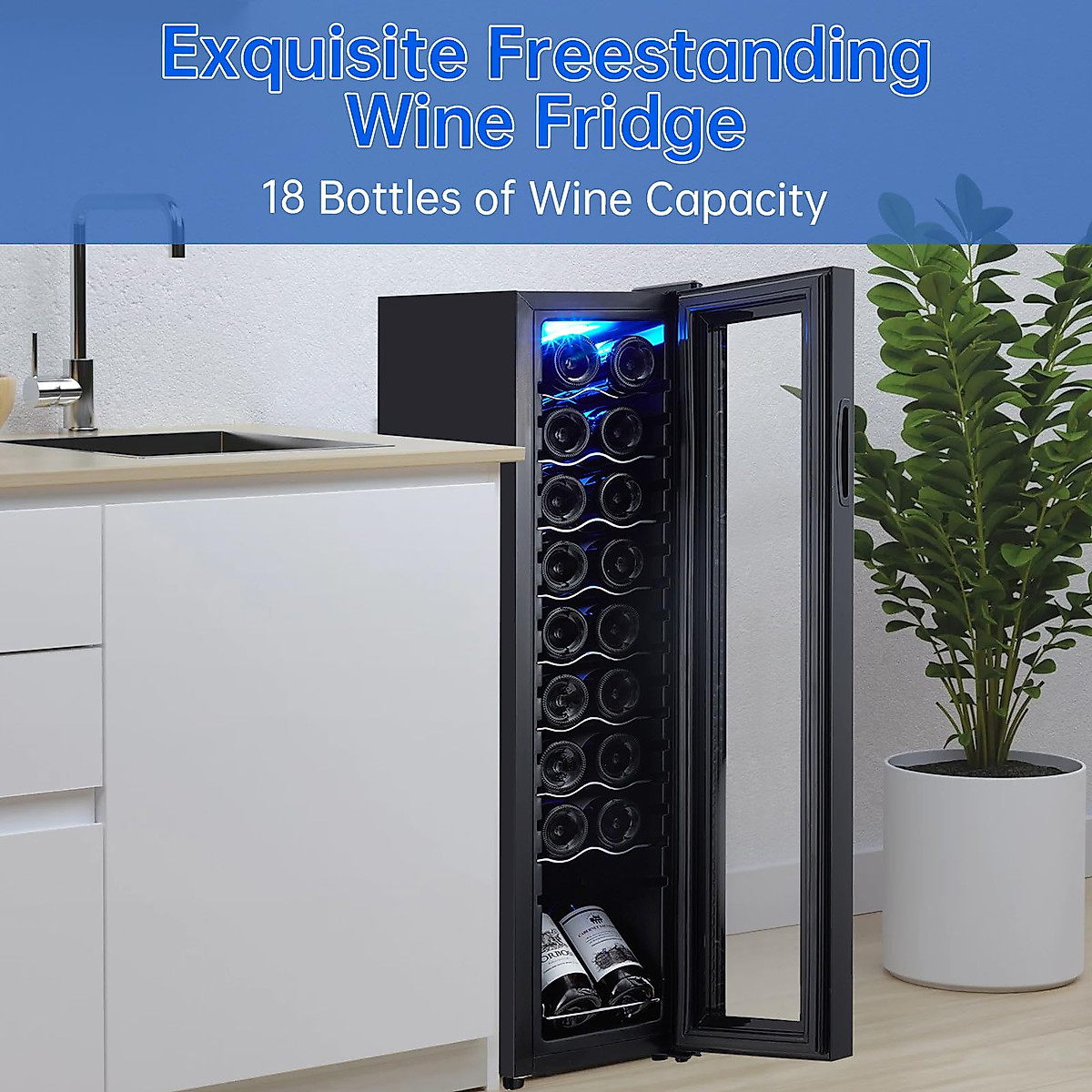 CuisinAid 1.84 Cu.Ft Wine Cooler Refrigerator, 18 Bottle Capacity Mini Wine Fridge With Adjustable Shelves, 40~64°F Digital Temperature Display, Wine Cellars With Led Light For Home, Office, Bar