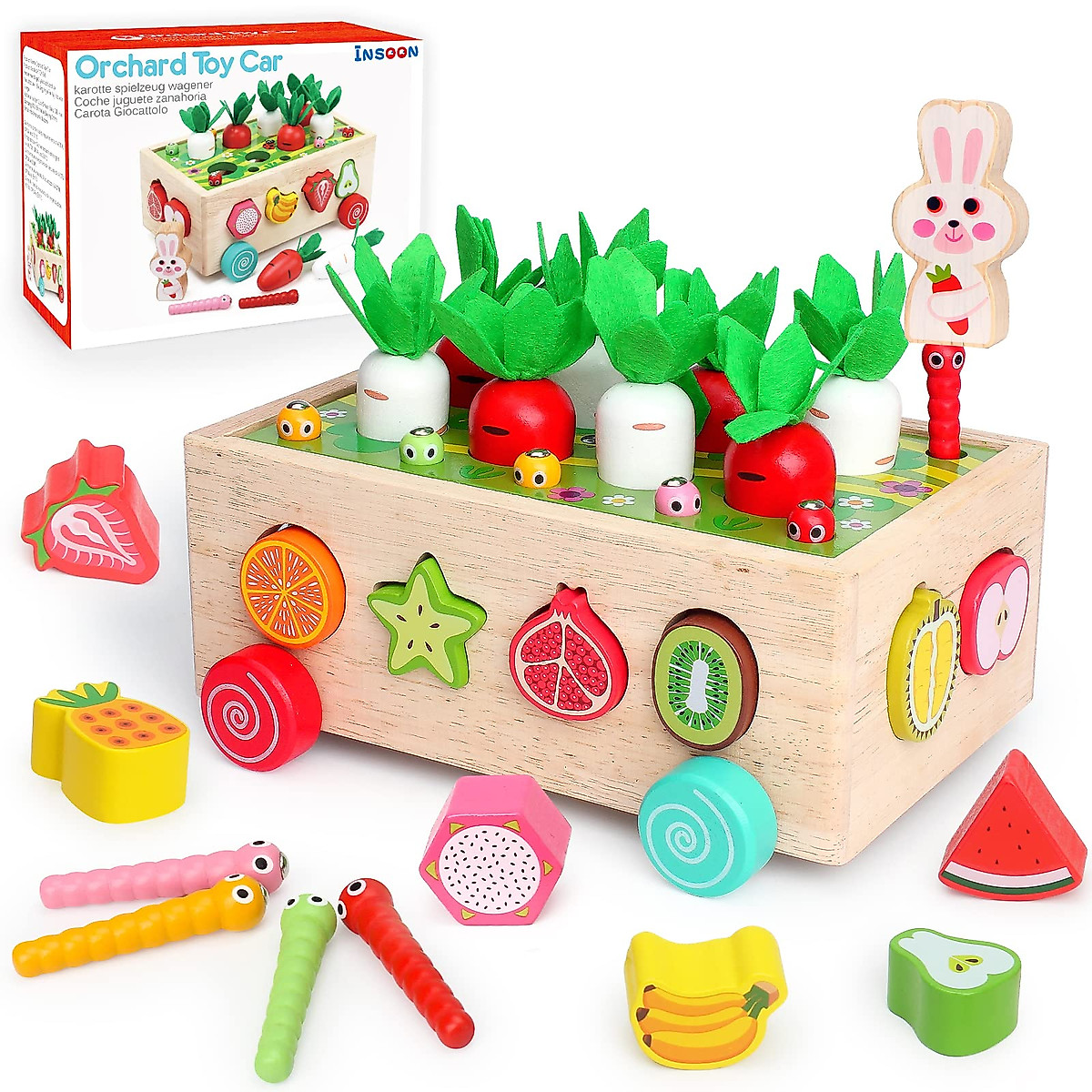 INSOON Montessori Toys for 1 2 3 4 Year Old Boy Girl,Wooden Educational Toy Multifunctional Orchard Car Toys Catching Worm Shape Sorting Carrot Harvest Learning Toys Gifts for Toddlers