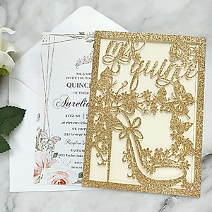 JOACHUUY 20PCS Personalized laser cut quinceanera invitations,Pocket Quinceanera invitation SVG, DXF, PNG,15 year,sweet sixteen invitations,Bridal shower invitations. (glitter gold)