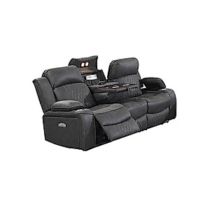 Benjara Seda 80 Inch Power Reclining Sofa, USB Port, Vegan Faux Leather, Charcoal Gray