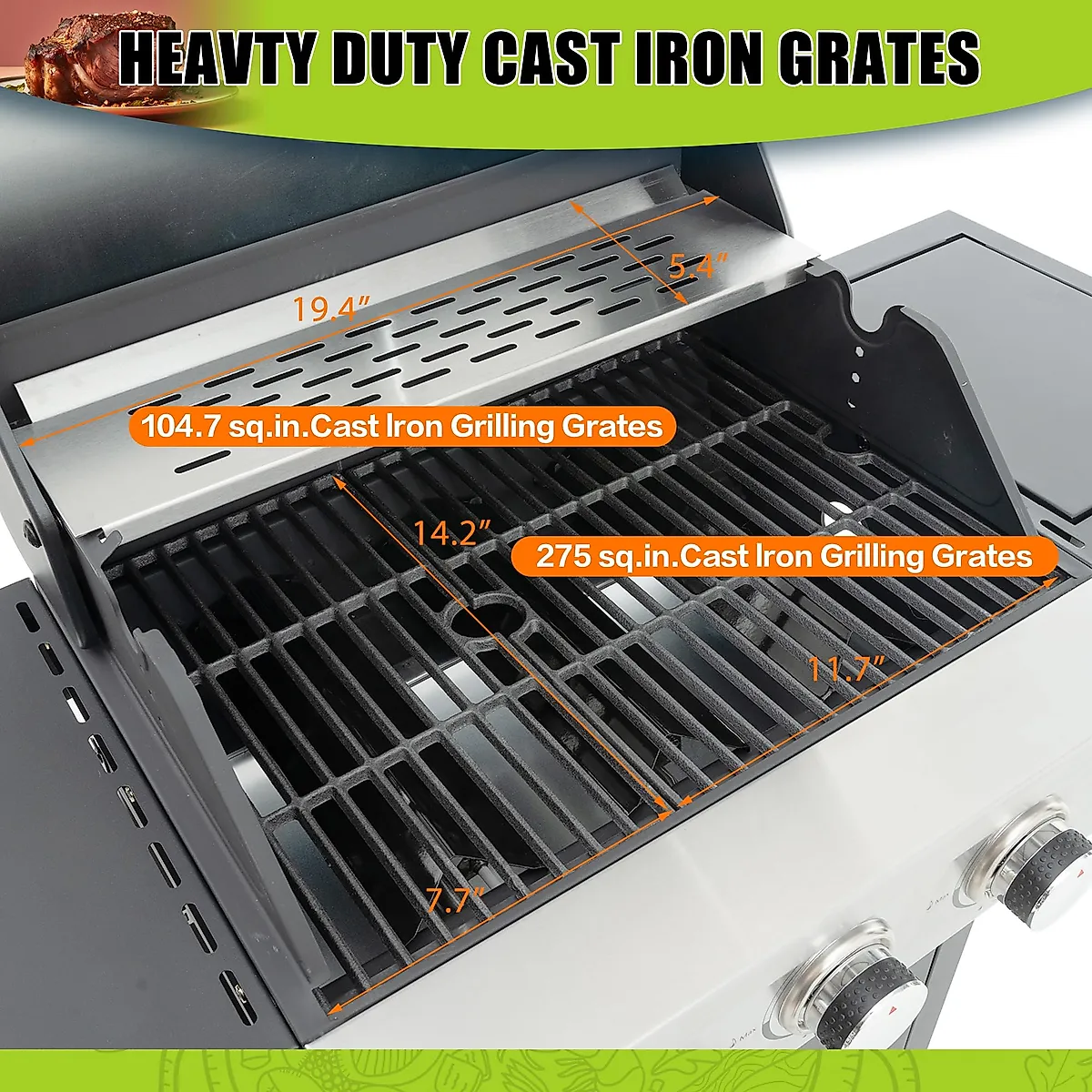 Propane Grill with Side Burner and Temperature Gauge - Stainless Steel Gas Grill with 3 Heads and 430 Thickness - Outdoor Cooking Grill with Electronic Ignition System and Cast Iron Cooking Grids