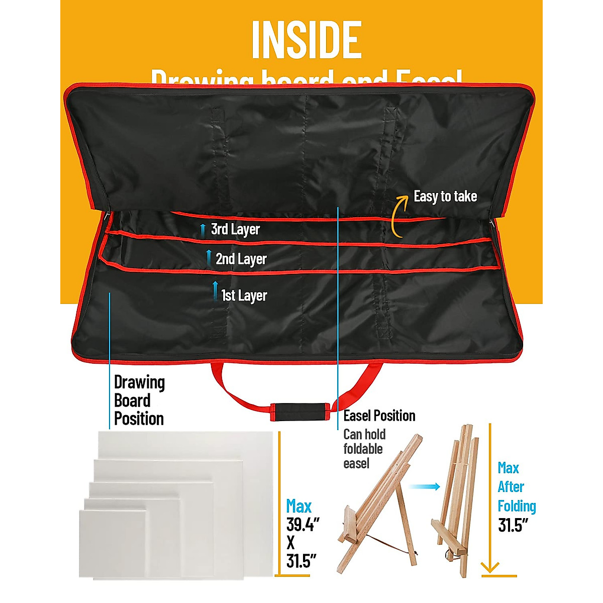 FINESUN Art Portfolio Case, Art Supply Storage Organizer, Art Bag with Frame Construction& Shoulder Straps, Portfolio Folder for Artwork, Drawings& TV (35x43 Inch)