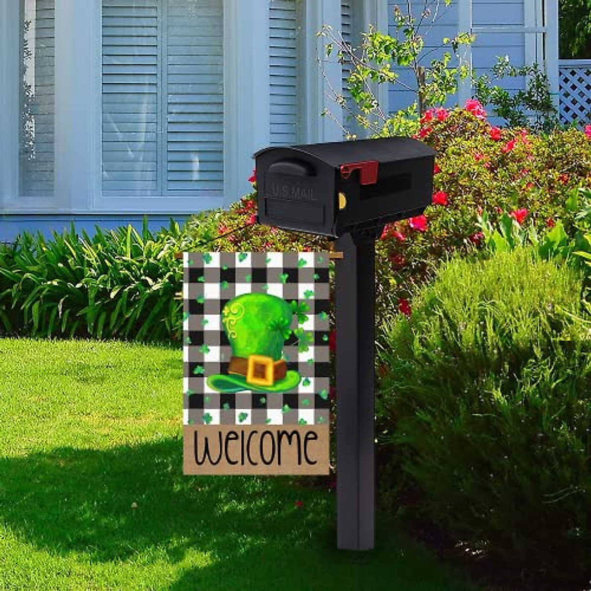 Surfapans Welcome St Patricks Day Garden Flag 12x18 Inch Double Sided Outside Burlap Buffalo Check Plaid Green Hat Shamrock Clover Small Outdoor Yard Flags Porch Home Farmhouse Decoration