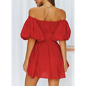 Dokotoo Summer Dresses for Women 2023 Fashion Lantern Sleeve Off Shoulder Dresses for Wedding Guest Ruffle Elastic Waist A-Line Casual Red Mini Dress X-Large