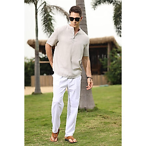 EndoraDore Men's Linen Cotton Pants Slim Fit Joggers Pants Athletic Workout Elastic Trousers Pants Beach Vacation Lightblue