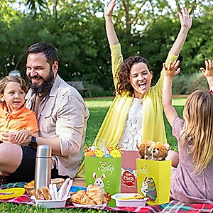 16Pcs Easter Gift Bags Bunny Paper Treat Bags with Handle Easter Egg Hunts Party Favors Cookie Candy Gift Wrapping, 4 Styles Easter Basket