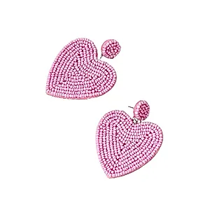 Beaded Dangle Earrings Handmade Heart-shaped Seed Beads Drop Earring for Women Holiday Birthday Valentine’s Day Gifts-pink