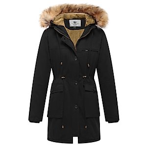 WenVen Women's Winter Padded Coat Canvas Hooded Military Jacket (Black, 2XL)