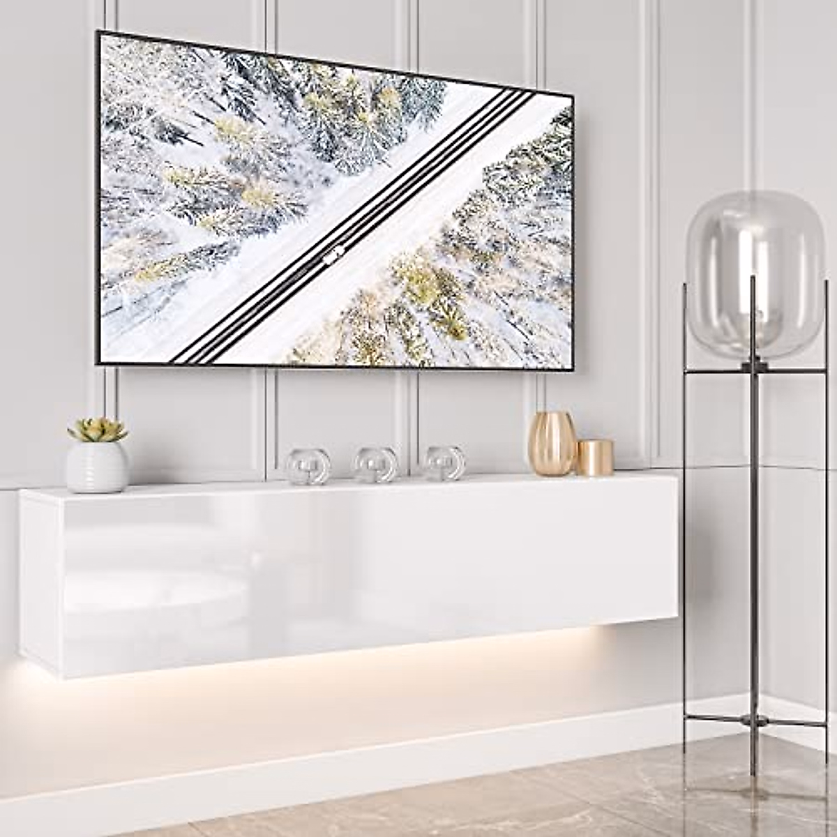 HOMMPA Floating TV Stand with Led Light for 63 Inch TVs Wall Mounted Led Entertainment Center with High Gloss Storage Modern Floor White Mounted Media Console for Living Room