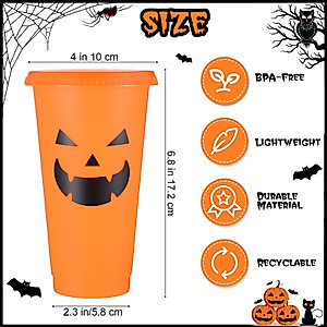 Umigy 24 Pcs Halloween Plastic Cups with Lids and Straws 4 Styles Pumpkin Ghost Skull Bat Tumblers Reusable Halloween Party Cups for Kids Adults Halloween Birthday Party Favors Supplies