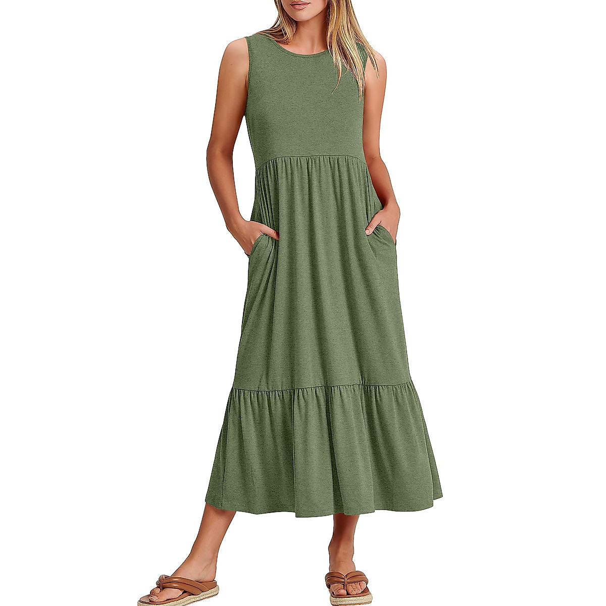 ANRABESS Women Summer Casual Sleeveless Crewneck Sundress Aline Flowy Tiered Maxi Long Beach Dress Vacation Outfits Large Green