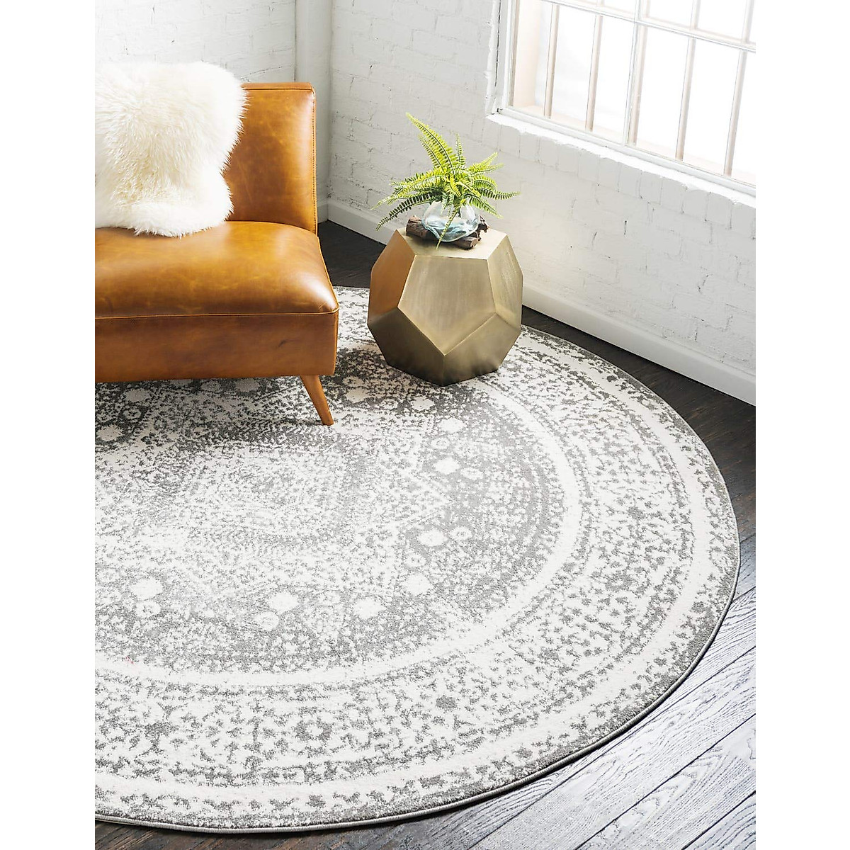 Unique Loom Rosso Collection Traditional, Medallion, Distressed, Bohemian, Vintage, Southwestern Area Rug, 4 ft x 4 ft, Gray/Ivory