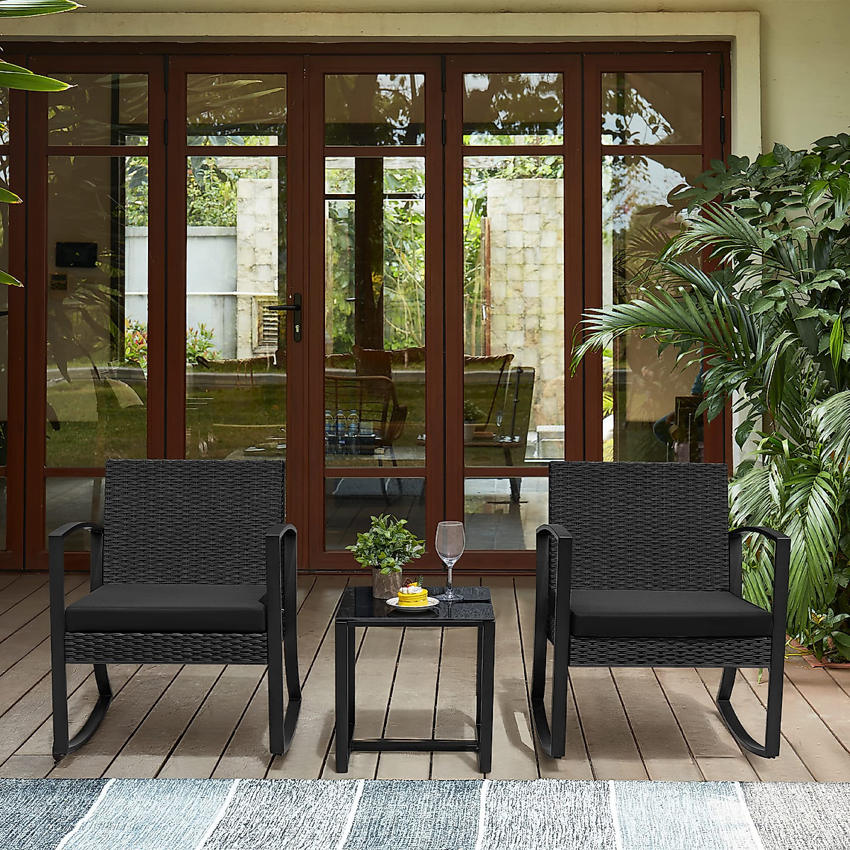 Greesum 3 Pieces Outdoor Furniture Set Patio Bistro Rocking Chairs and Glass Coffee Table, Black, Modern