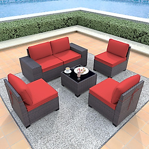 Gotland Outdoor Patio Furniture Sets 6 Piece Patio Sectional Furniture All-Weather Outdoor Patio Sofa PE Wicker Backyard Deck Couch Conversation Chair Set with Table & 5 Red Thickened Cushions