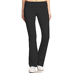 CNC STYLE P001 Women's Comfy Cotton Foled Waist Stretch Bootcut Yoga Leggings High Waisted Bootleg Flare Work Pants, Black, Small