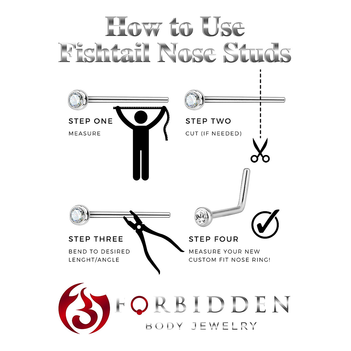 Forbidden Body Jewelry 20g 4-Pack Surgical Steel 2mm Press Fit CZ Fishtail Custom Bend Nose Studs