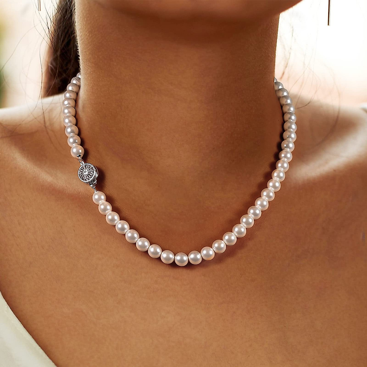 White Pearl Strand Necklace Women: 8mm/10mm Ivory Pearl Chain Wedding Jewelry with Dainty Silver Clasp for Bride Bridemaid - Trendy Accessory for Mother Graduate Teen Girl Elegant Lady (8mm)