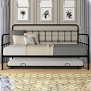 ODC Twin Size Metal Daybed with Pop Up Trundle,Heavy Duty Steel Slat Support Sofa Bed for Living Room,Bedroom/No Box Spring Needed, Black