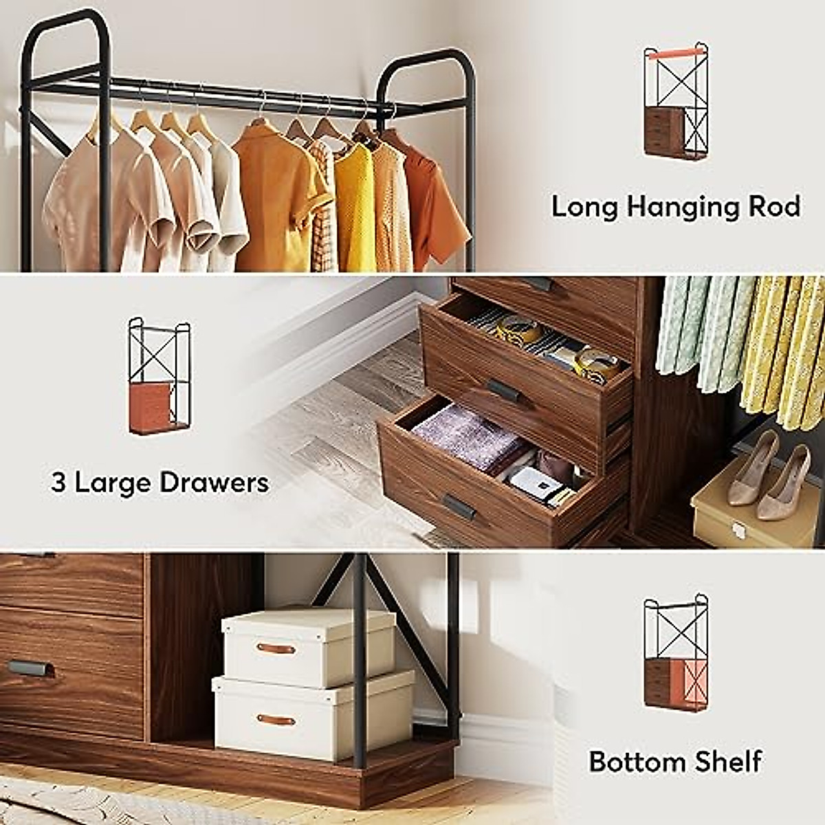 Tribesigns Freestanding Clothes Rack with 3 Drawers, Industrial Garment Rack Wardrobe Closet with Hanging Rod, Heavy Duty Wood Closet Organizer for Bedroom