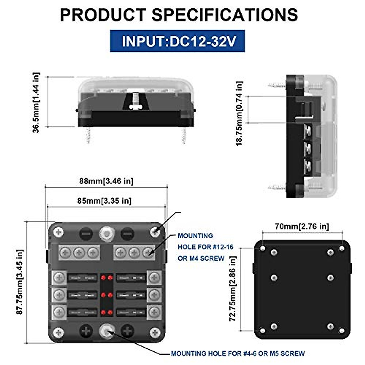 UMISKY 6-Way Fuse Box Blade Fuse Blocks with LED Warning Indicator Damp-Proof Cover for 12V/24V Automotive Car Truck Boat Marine Bus RV Van, 6 Circuit Independent Positive Negative