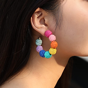 Colorful Statement Raffia Hoop Dangle Earrings for Women - Fun Summer Rattan Beach Vacation Jewelry Teacher Gifts (Colorful)