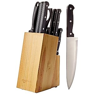 Amazon Basics 14-Piece Kitchen Knife Set with High-Carbon Stainless-Steel Blades and Pine Wood Block, Black