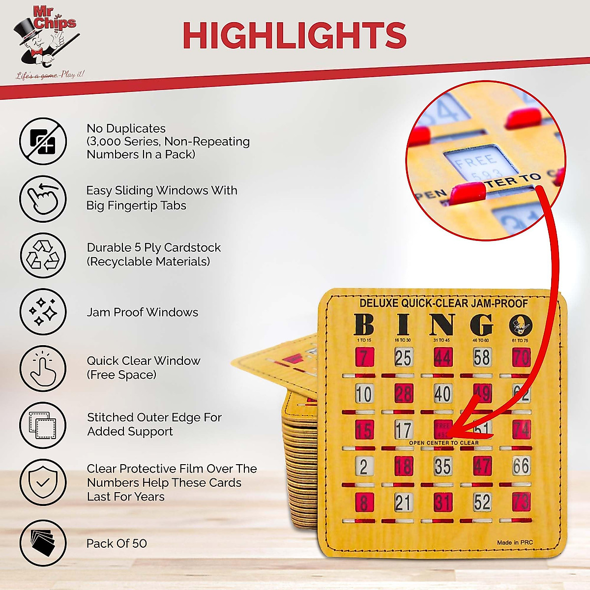 MR CHIPS Jam-Proof Quick-Clear Deluxe Fingertip Slide Bingo Cards with Sliding Windows 50 Pack in Woodgrain Style