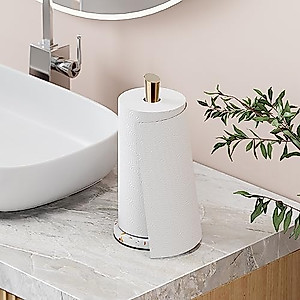 Paper Towel Holder Countertop, Brushed Nickel Waterproof Stainless Steel Paper Towel Stand with Stone Weighted Base, One Handed Tear Paper Towel Roll Holder for Kitchen & Bathroom (Silver)