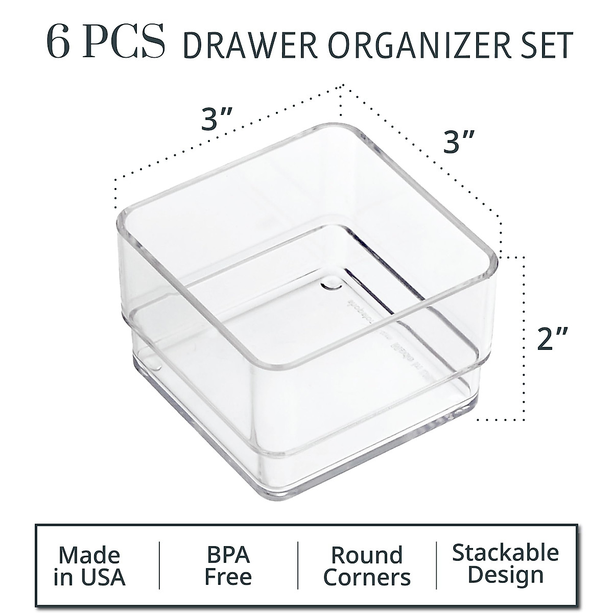 STORi SimpleSort 6-Piece Stackable Clear Drawer Organizer Set | 3" x 3" x 2" Square Trays | Small Makeup Vanity Storage Bins and Office Desk Drawer Dividers | Made in USA