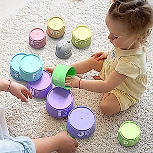 Stacking Cups Toy for Toddler Plus Bonus Squirting Baby Bath Toy & Bear Head Shaker with Numbers, Letters, Patterns, Fun Educational Toys for 6 Months +, 1 2 3 Years