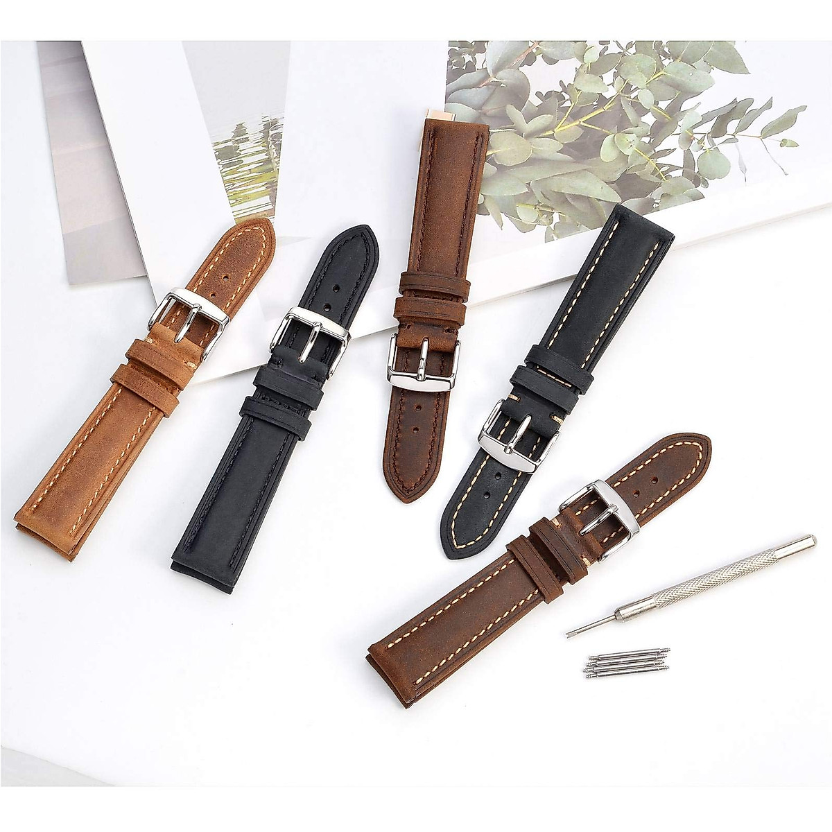 BISONSTRAP Watch Strap 20mm, Vintage Leather Replacement Watch Band, Light Brown with Thread