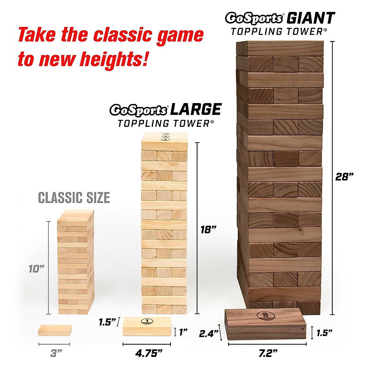GoSports Giant Wooden Toppling Tower - Stacks Up to 5 ft - Brown Wood Stain