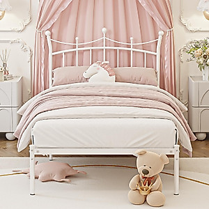 Weehom Twin Bed Frames with Headboard, Elegant Princess Bed for Girls Heavy Duty Metal Platform Bed Easy Assembly Under Bed Storage Space No Box Spring Needed Twin Size Bed for Kids Adults, White