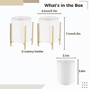 Varku 2Pcs Sturdy Cutlery Holders, White Ceramic Cup with Golden Metal Bracket, Robust Silverware Caddy, Round Utensil Crock for Countertop, Desktop Flatware Organizer for Kitchen