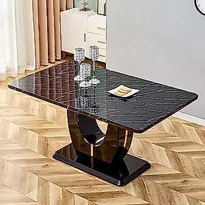 63" Marble Dining Table for 6 People,63" Kitchen Table with Imitation Marble Grain MDF Table Top & U-Shaped Supports & Grey Wooden Base Modern Dining Room Table Grey Dining Table