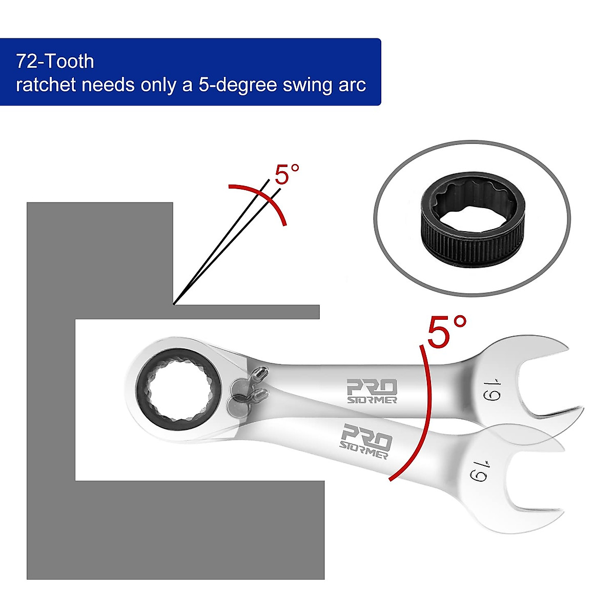 Prostormer Stubby Reversible Ratcheting Wrench Set, 10-Piece 8-19mm Metric 72-Teeth Box End and Open End Combination Wrench Kit with Rolling Pouch, CR-V Constructed