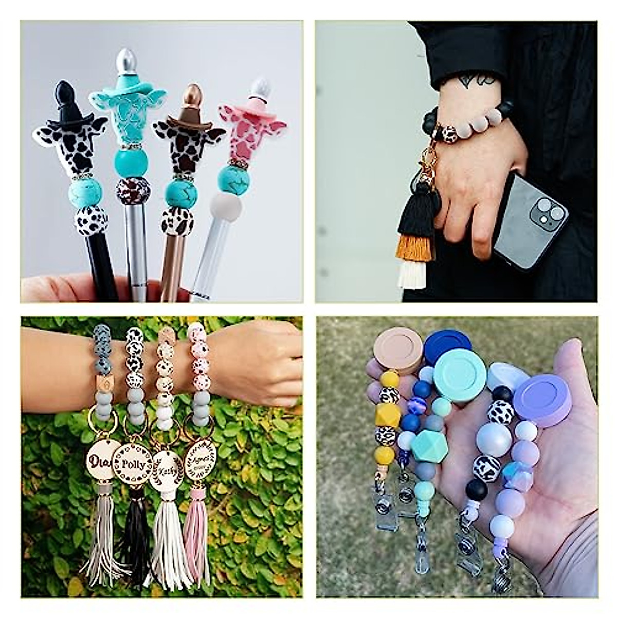 Boutigem 76pcs Cow Printed Round Silicone Beads Soft Rubber Beads for Keychain Making Wood European Beads & Big Pendants for Wristlet Phone Lanyard Pen Jewelry Making DIY Craft