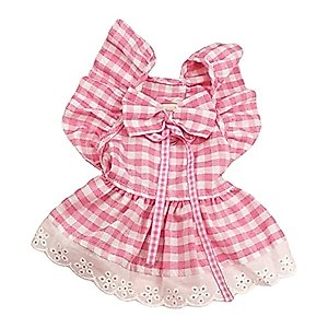 Pet Princess Dress - Dog Cat Sweet Dresses, Ruffle Sleeves Plaid Print Cat Princess Dress, Dog Clothes for Small Dogs Cats Puppy Pet Kitten Hot Pink XS