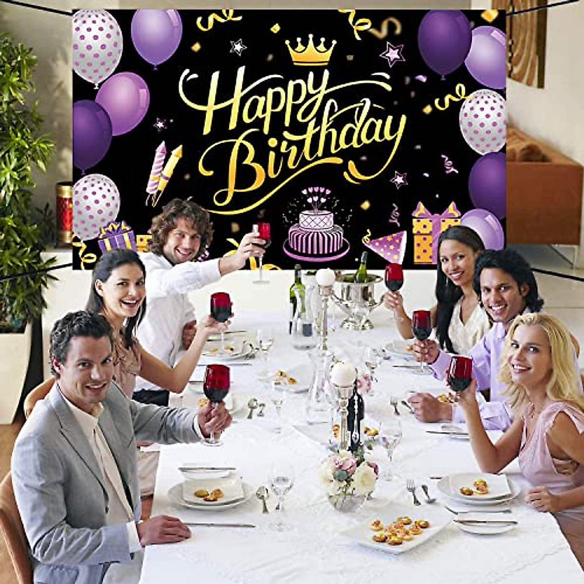 Lovyan Happy Birthday Backdrop Banner Extra Large Fabric Purple Gold Sign Poster Photo Booth Background for Men Women Birthday Anniversary Party Decoration Supplies, 71 x 43.3 Inch (Crown)