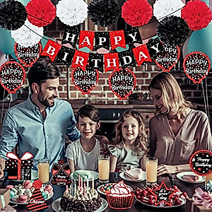 Birthday Decorations Red Black, Happy Birthday Party Decorations for Men Women Boys Girls (48pack), Happy Birthday Banner Gifts, Double-Sided Pattern Card, 9 Pompoms, Hanging Swirl Bday Decor Supplies